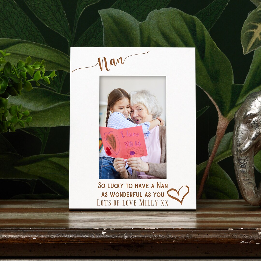 Personalised Nan Love Heart White Wooden Engraved Portrait Photo Frame ...