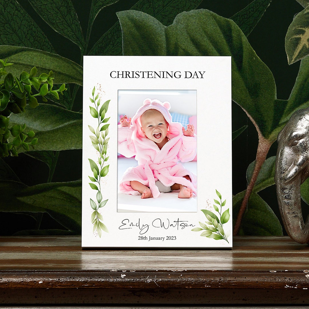 Personalised White Christening Photo Picture Frame With Green Leaf ...