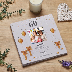 Personalised 60th Birthday Photo Album Linen Cover With Gold Balloons ...