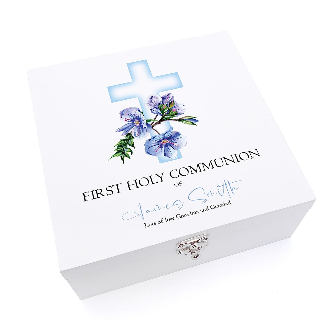 Personalised First Holy Communion Wooden Keepsake Memory Box Blue Cross ...