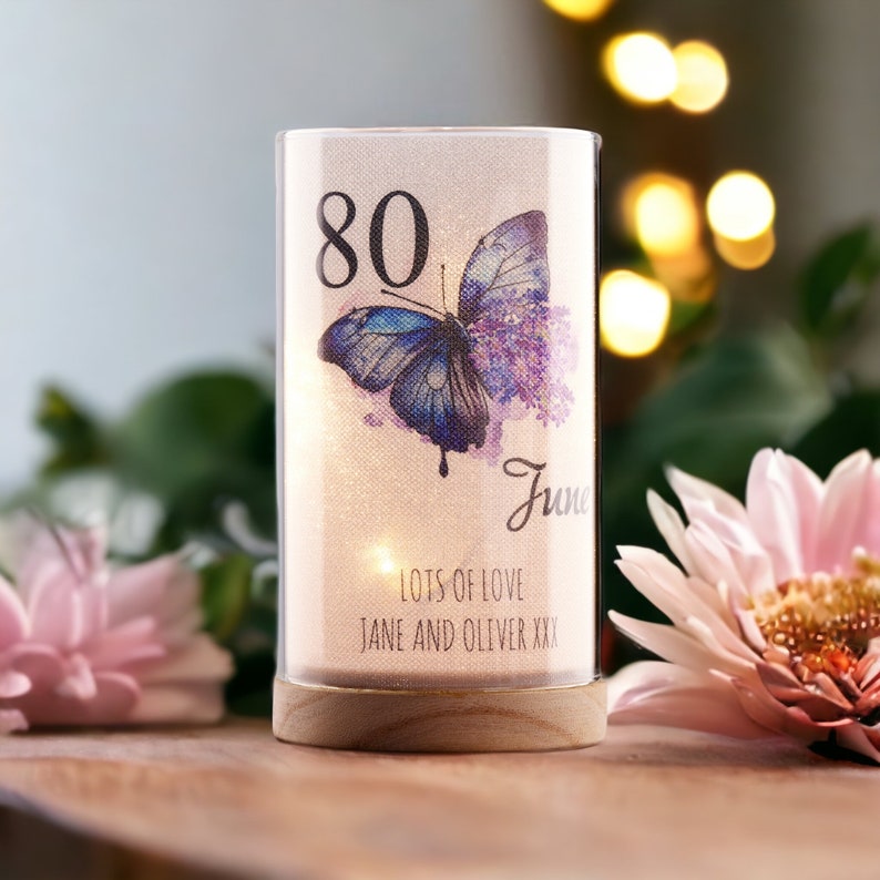 Personalised 80th Birthday Butterfly Gift Night Lamp With Wood Base ...