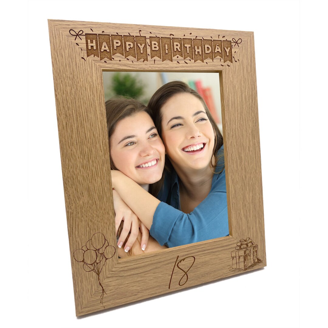 18th Birthday Photo Frame Portrait Wooden Engraved Bunting Style Gift ...