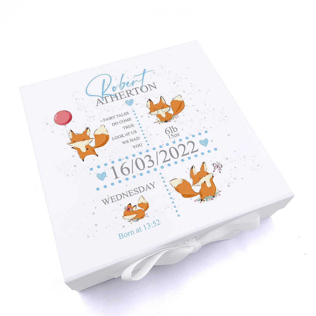 Personalised Baby Boy Memory Box Gift With Ribbon Cute Foxes and Birth ...