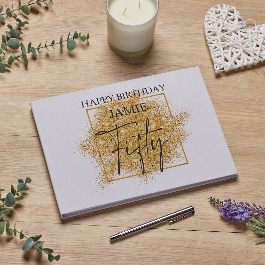 Personalised A4 Linen 50th Birthday Guest Book Printed With Gold ...