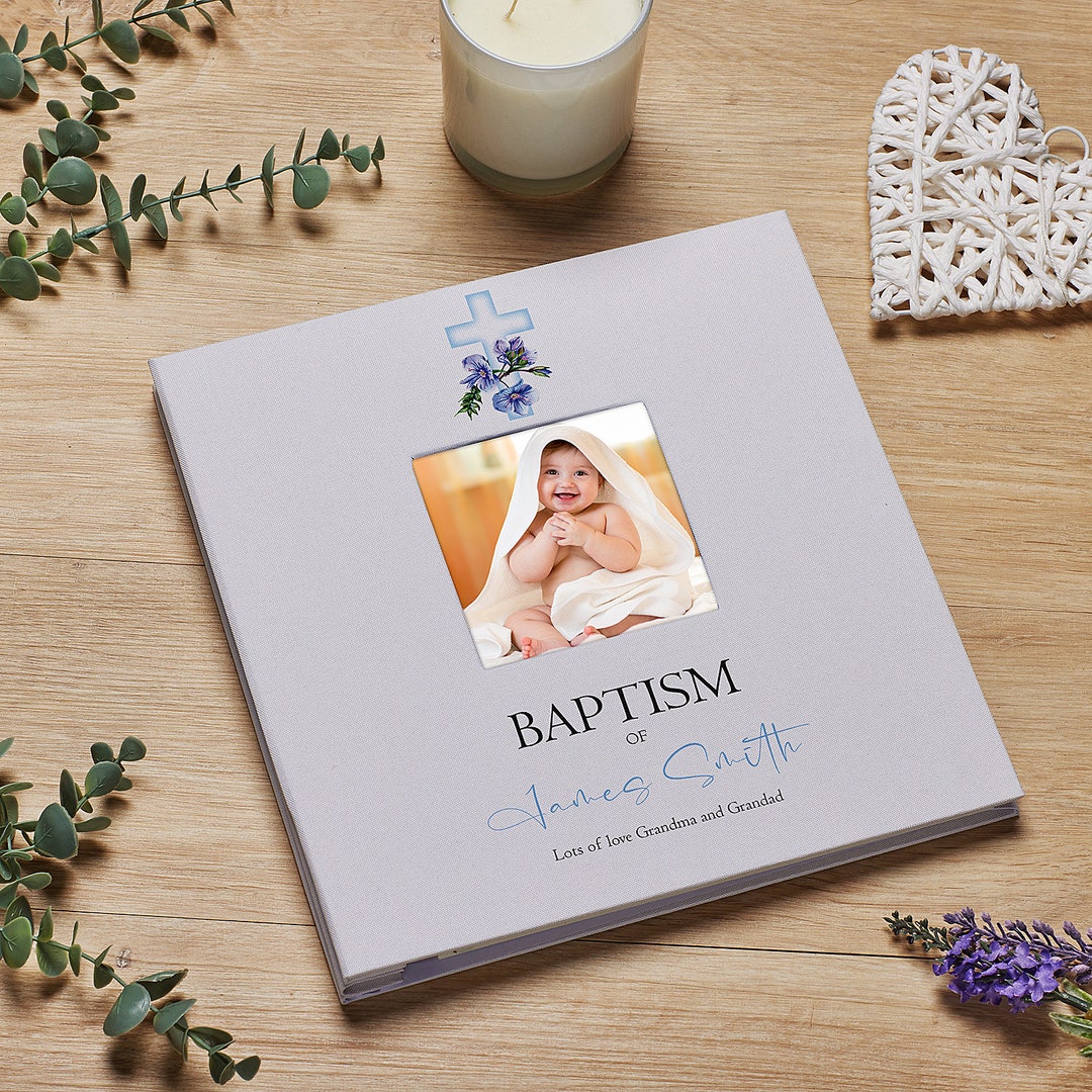 Personalised Baptism Photo Album Linen Cover With Blue Cross - Etsy