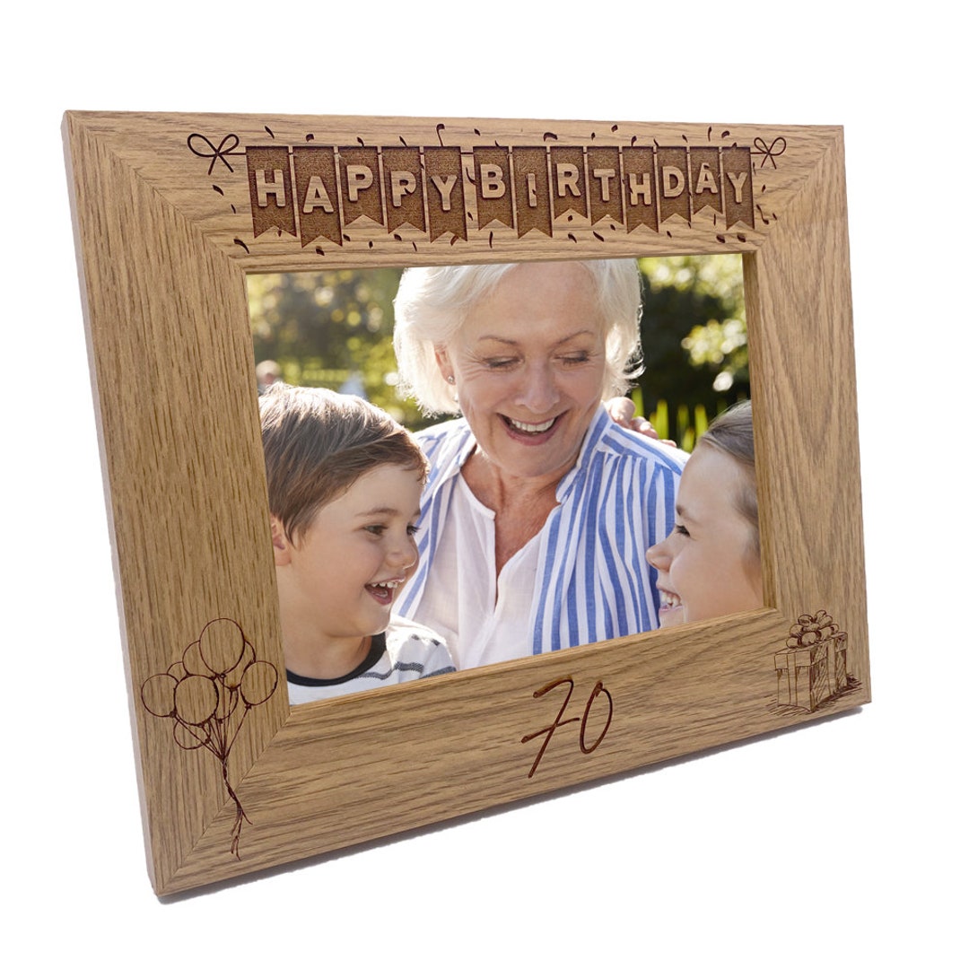 70th Birthday Photo Frame Landscape Wooden Engraved Bunting Style Gift ...
