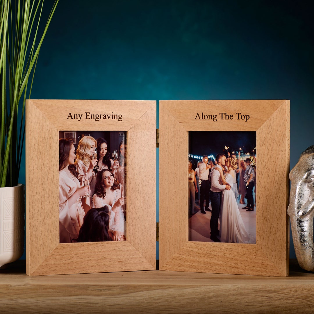Personalised Solid Oak Wood Double Photo Frame Top Engraved Text - Etsy UK