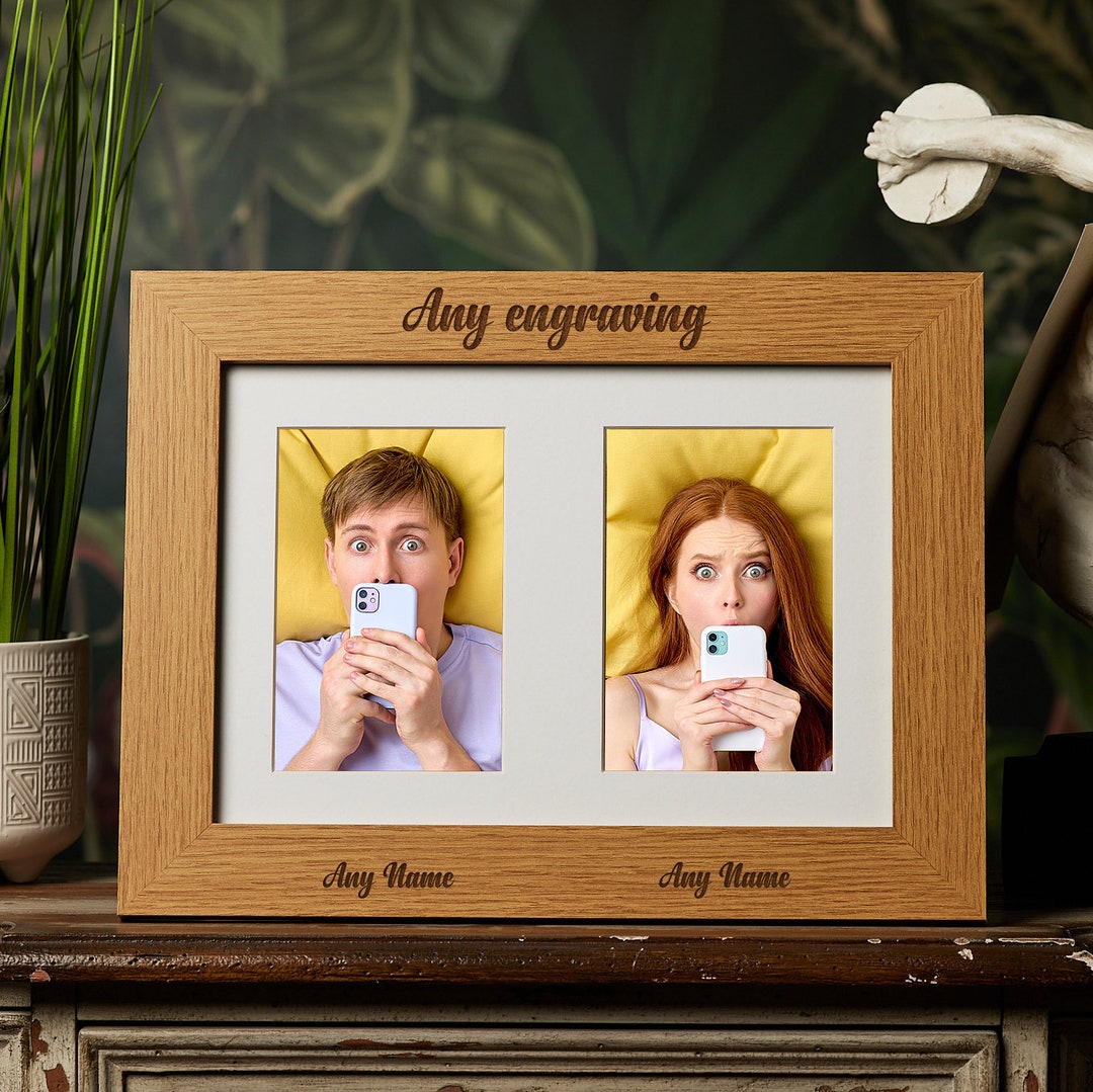 Personalised Engraved Double Wooden Photo Frame With Text Under Photo ...