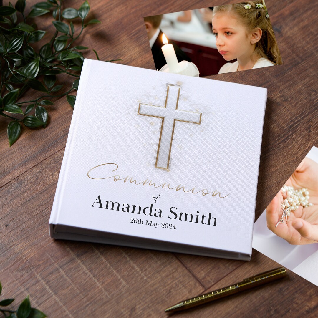 Large Book Bound Personalised Communion Photo Album With Silver Cross ...