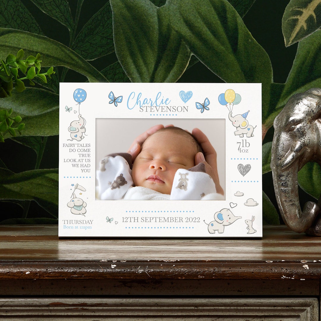 Personalised Baby Boy Photo Frame With Birth Details and Cute Elephant ...
