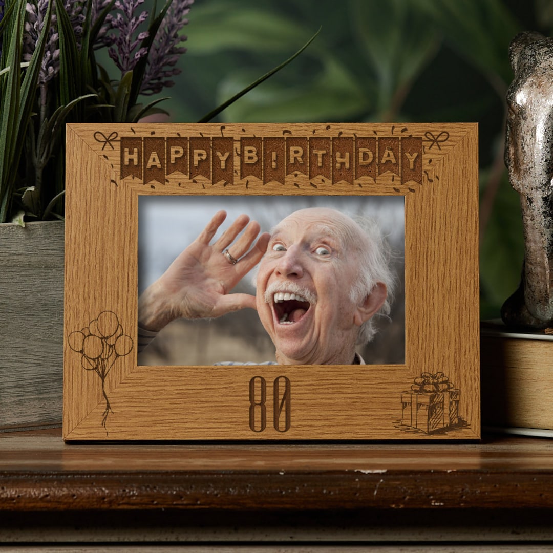 Happy 80th Birthday Engraved Photo Frame Gift Stars and Balloons ...