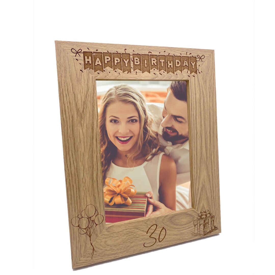 30th Birthday Photo Frame Portrait Wooden Engraved Bunting Style Gift ...