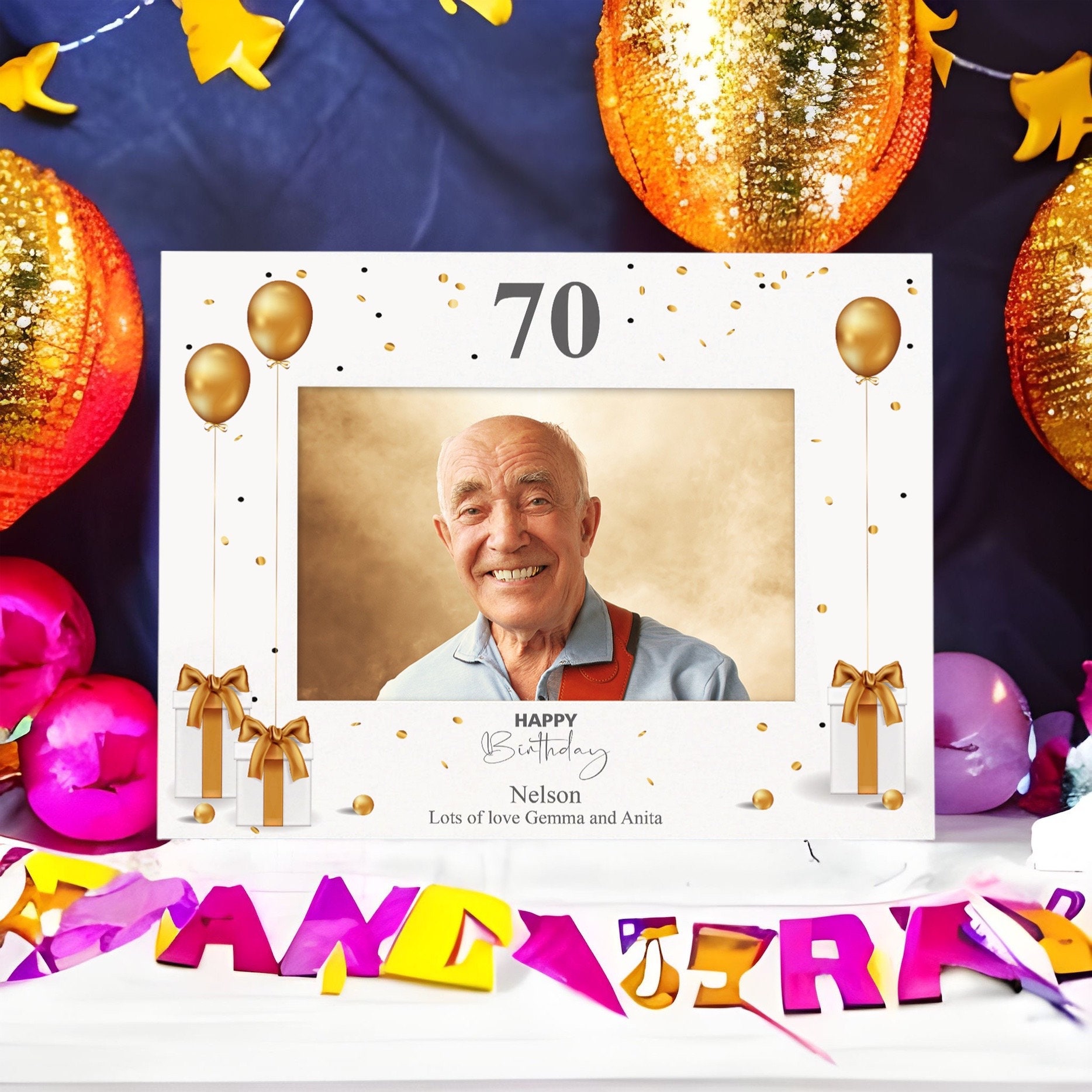 Personalised 70th Birthday Photo Frame With Gold Balloons - Etsy