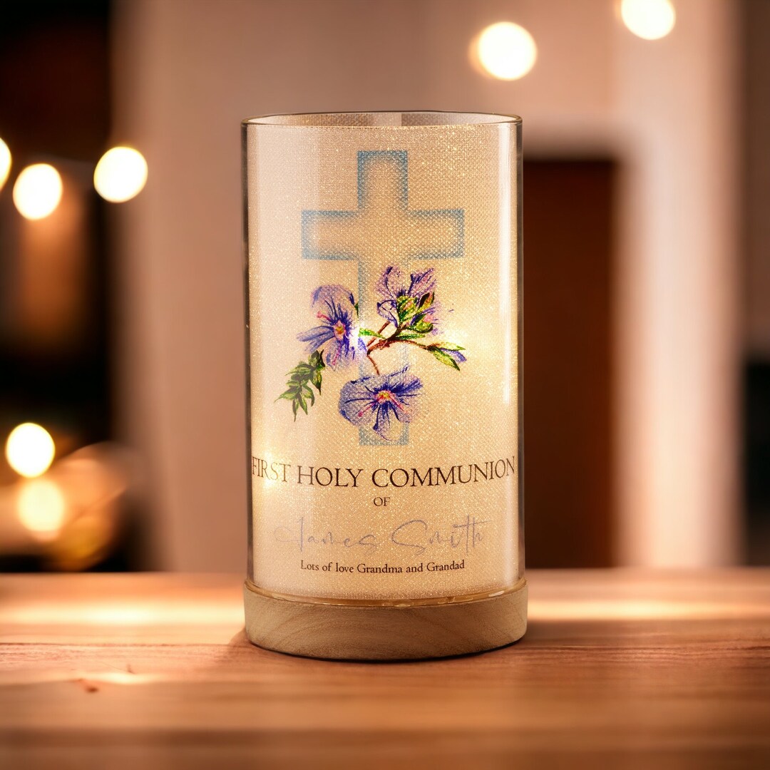 Personalised Holy Communion Lamp Light up Gift With Floral Blue Cross ...