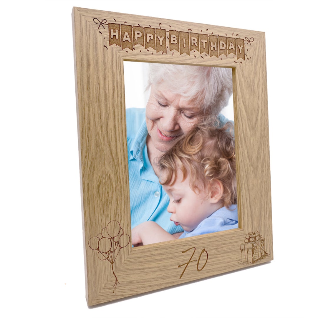 70th Birthday Photo Frame Portrait Wooden Engraved Bunting Style Gift ...