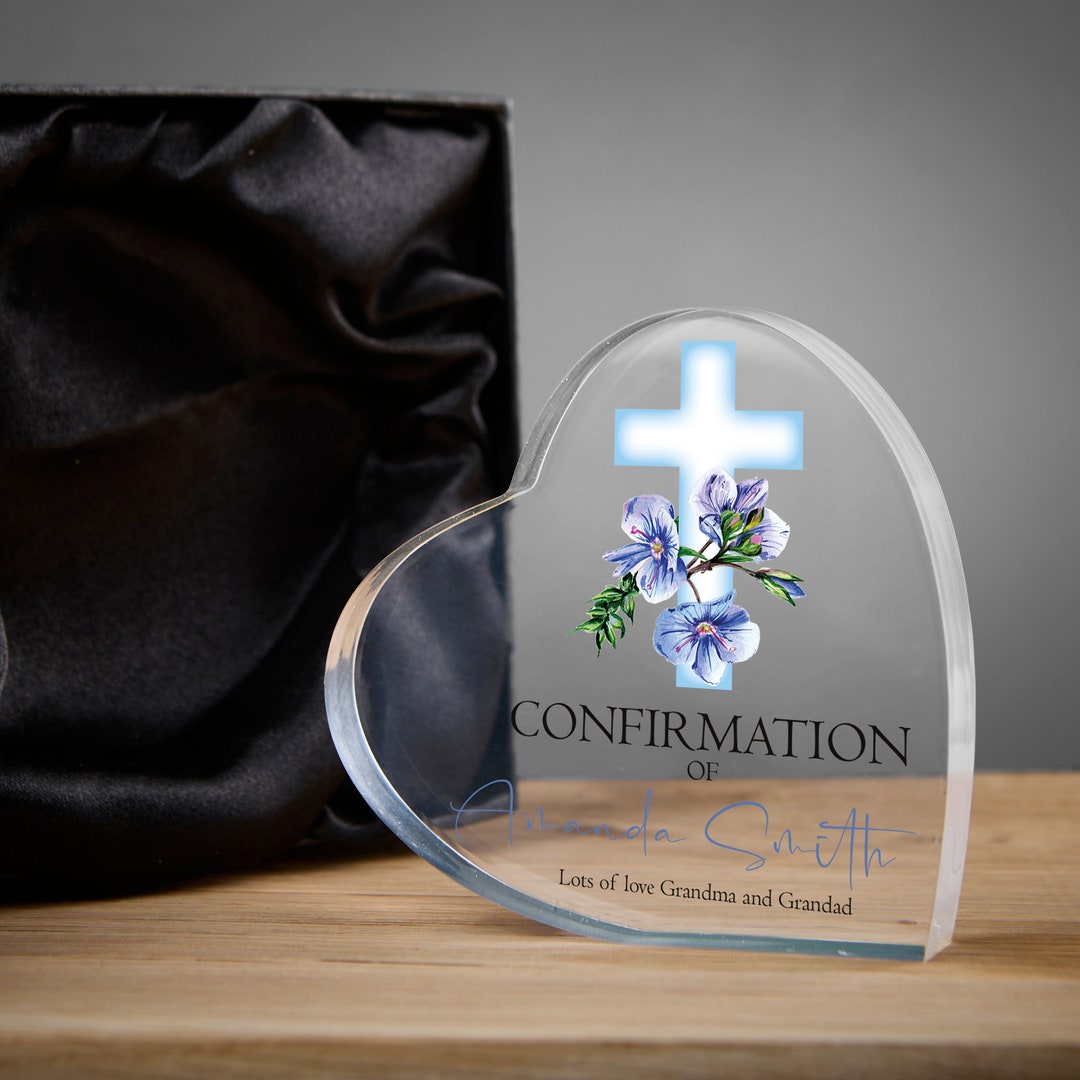Personalised Confirmation Heart Block With Blue Floral Cross Gift Boxed ...