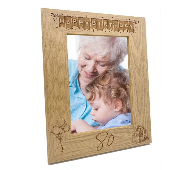 80th Birthday Photo Frame Portrait Wooden Engraved Bunting | Etsy