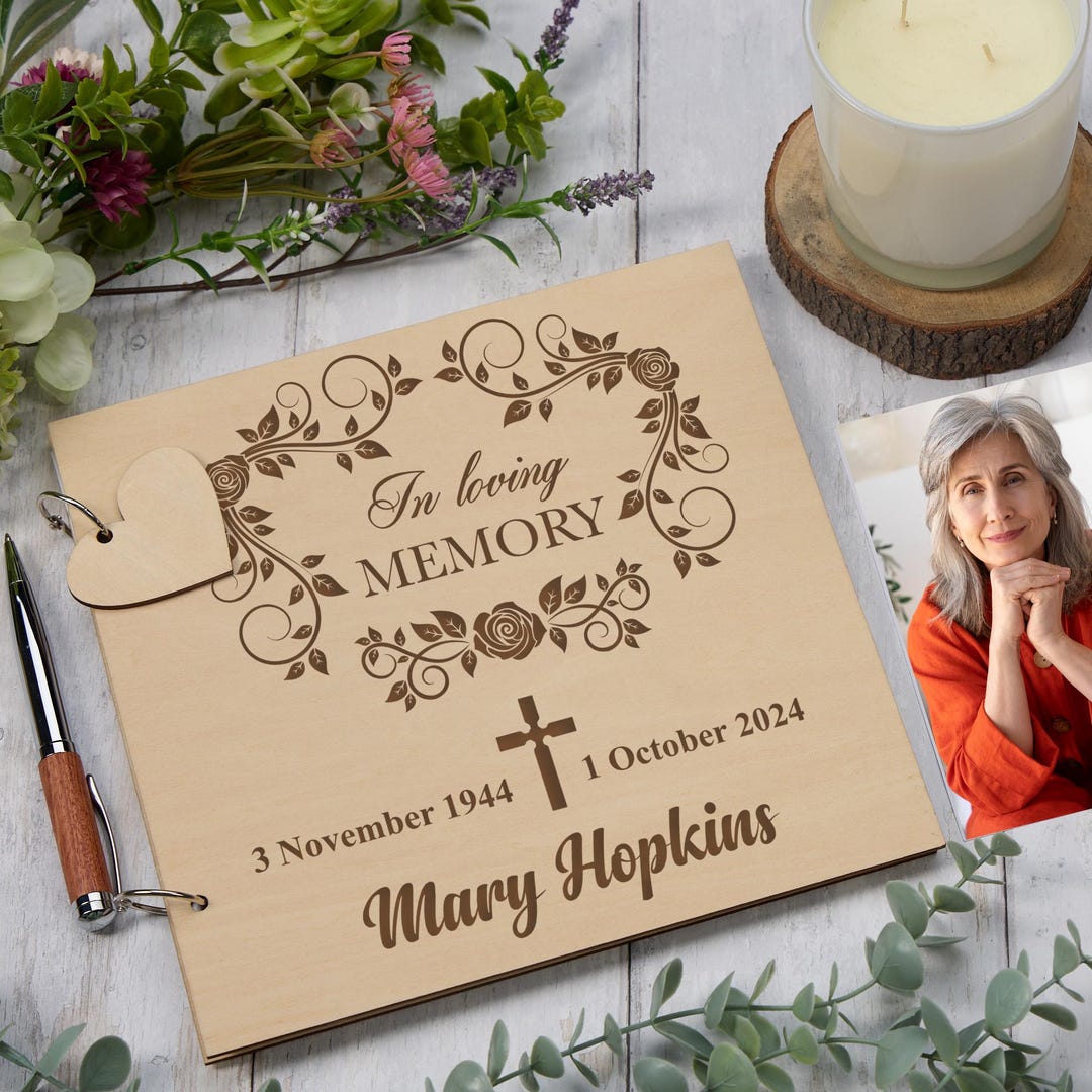 Personalised Wooden Engraved Memorial Funeral Remembrance Guest Book ...