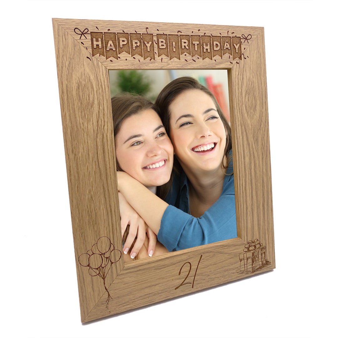 21st Birthday Photo Frame Portrait Wooden Engraved Bunting Style Gift ...