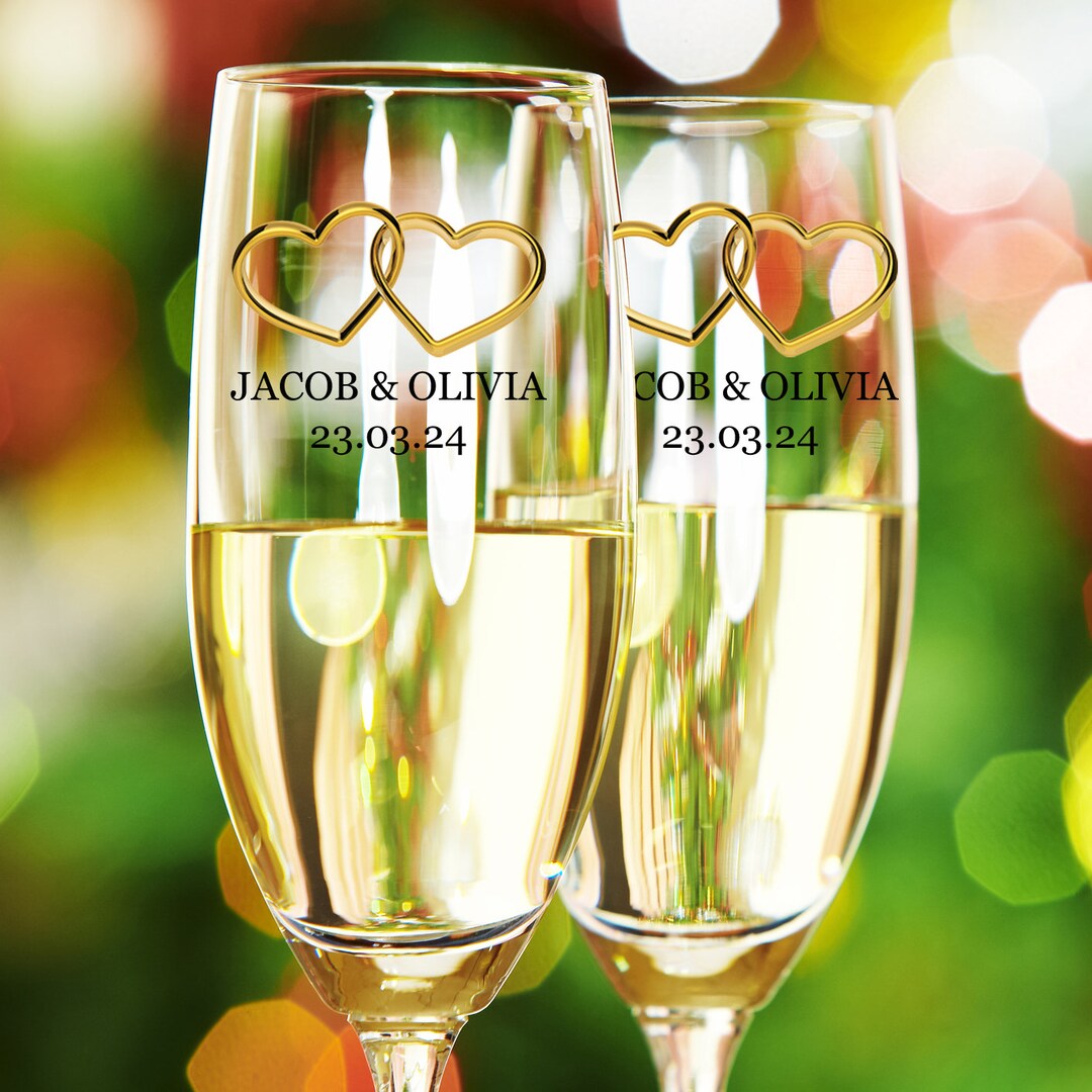 Personalised Wedding Champagne Glasses Set With Gold Hearts - Etsy