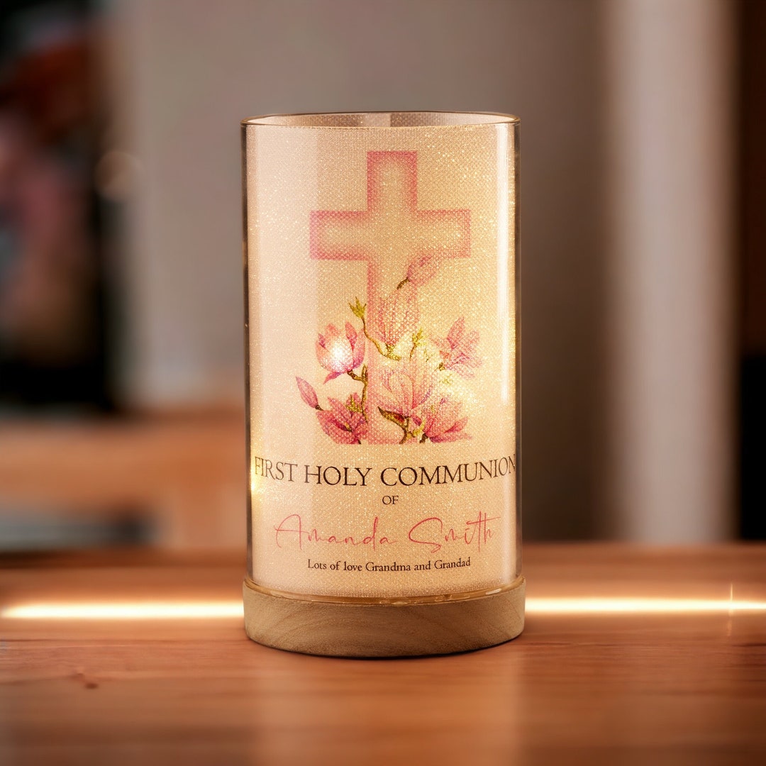 Personalised Holy Communion Lamp Light up Gift With Floral Pink Cross ...