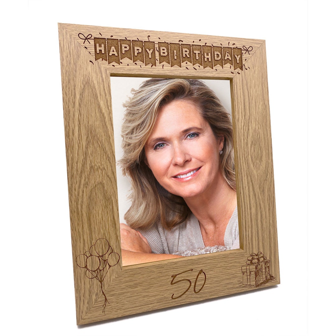 50th Birthday Photo Frame Portrait Wooden Engraved Bunting Style Gift ...