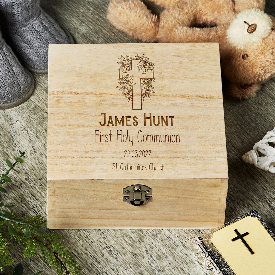 Personalised First Holy Communion Keepsake Memory Box With Floral Cross ...