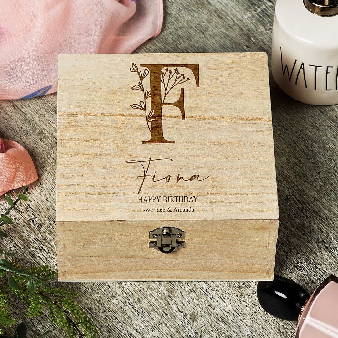 Personalised Wooden Keepsake Memory Box Engraved With Floral Alphabet ...