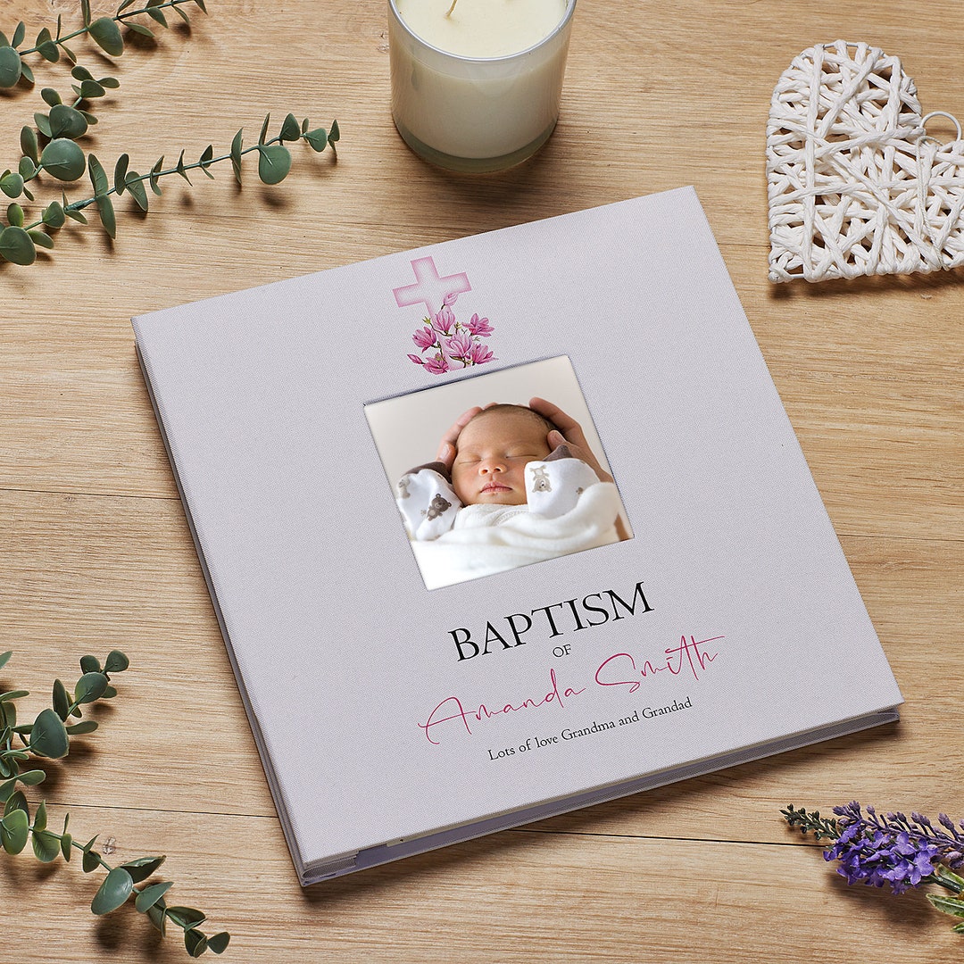 Personalised Baptism Photo Album Linen Cover With Pink Cross - Etsy