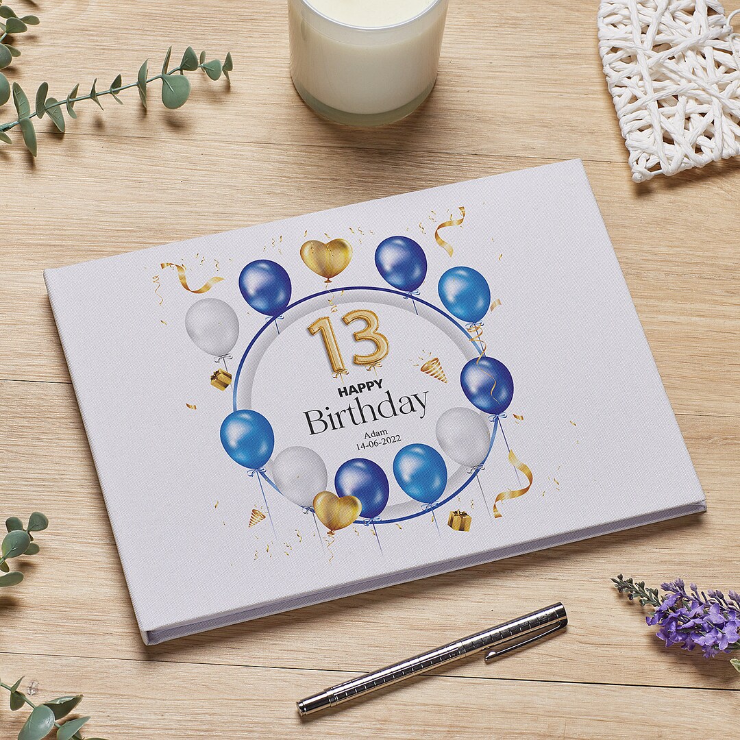 Personalised Large A4 13th Birthday Linen Guest Book Blue Balloons - Etsy