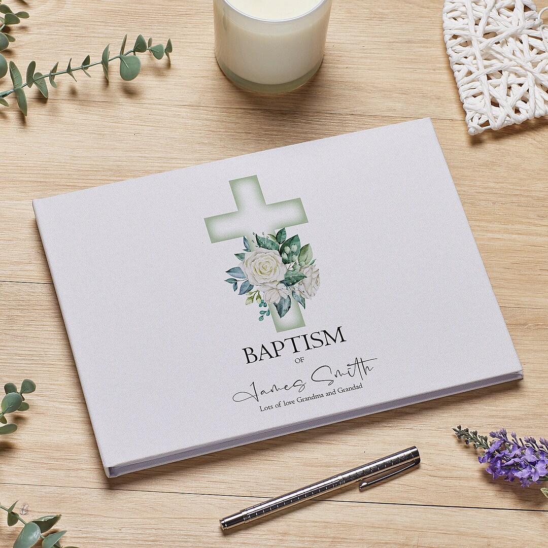 Personalised Large A4 Baptism Guest Book With Green Cross Linen Cover ...