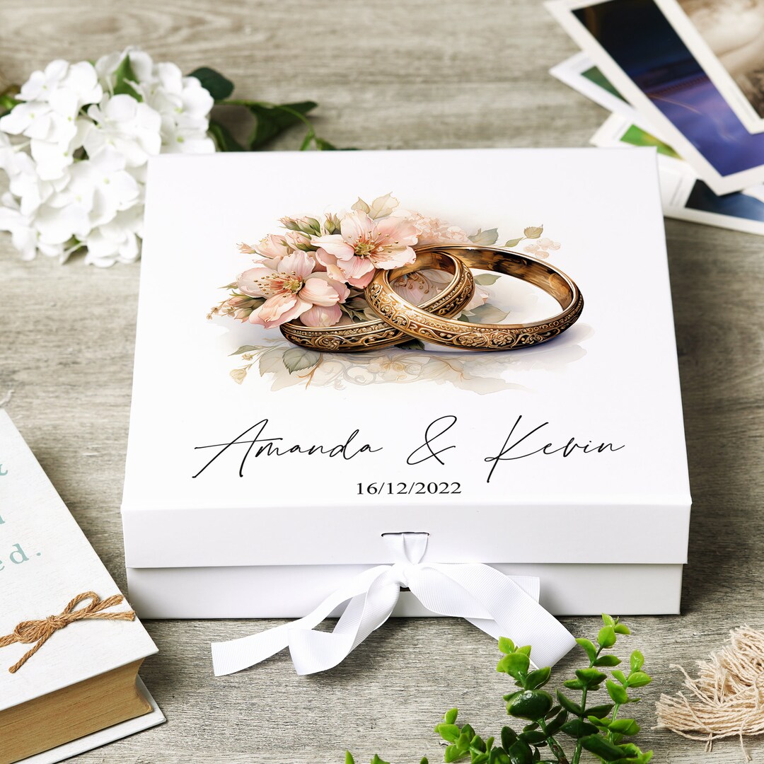 Personalised Wedding Box With Rings Design and Ribbon Closure - Etsy