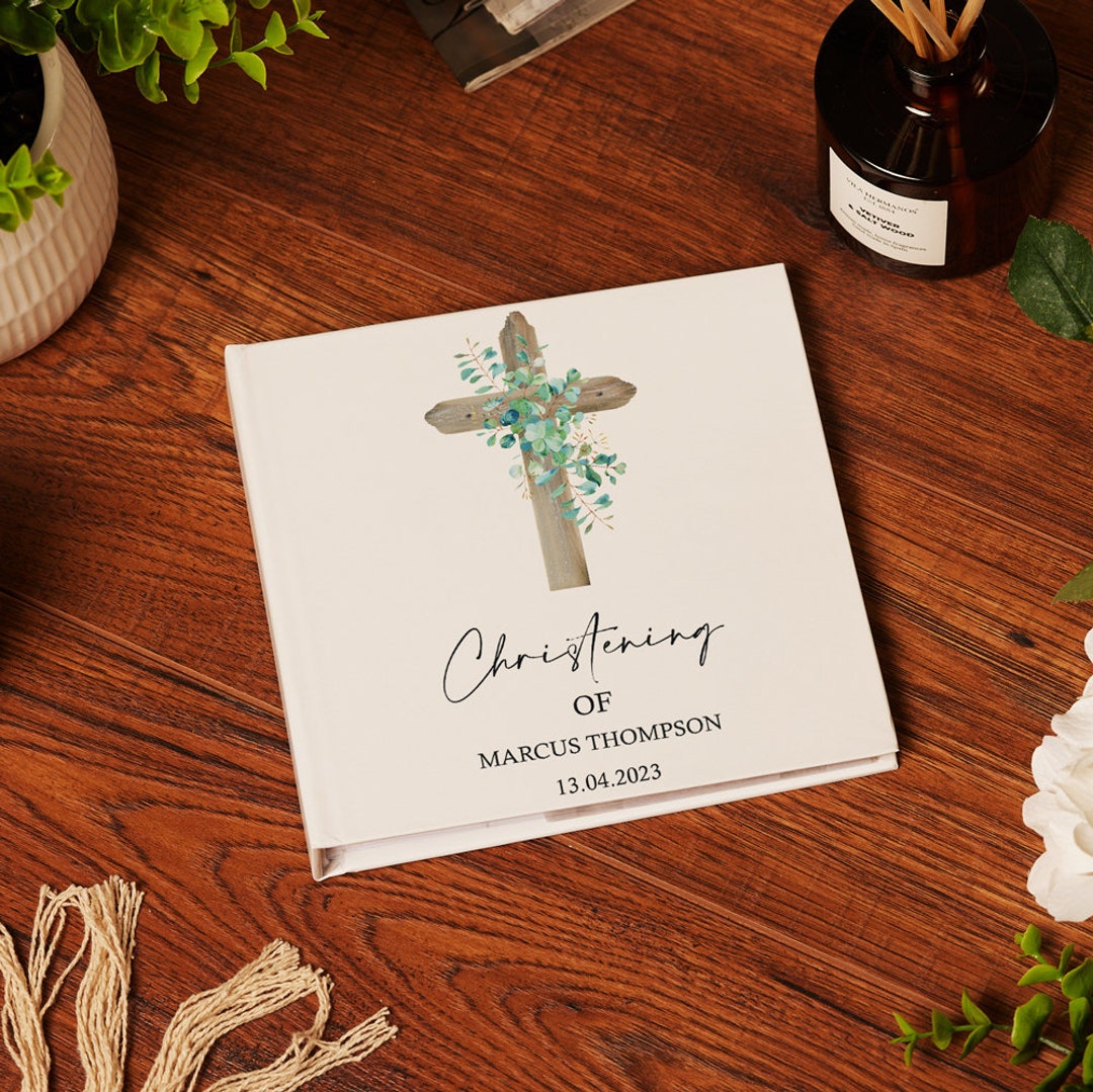 Personalised Christening 6x4" Slip in Photo Album Gift With Wood Cross ...