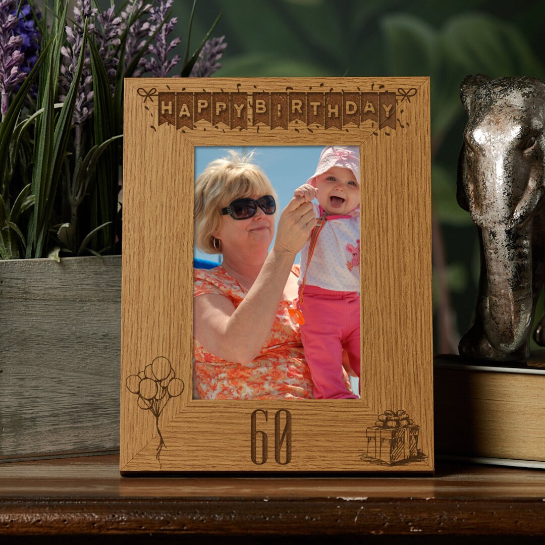 Happy 60th Birthday Engraved Photo Frame Gift Stars and Balloons ...