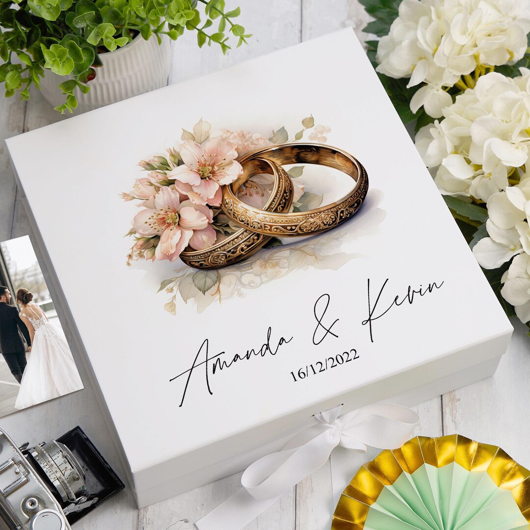 Personalised Wedding Box With Rings Design and Ribbon Closure - Etsy UK