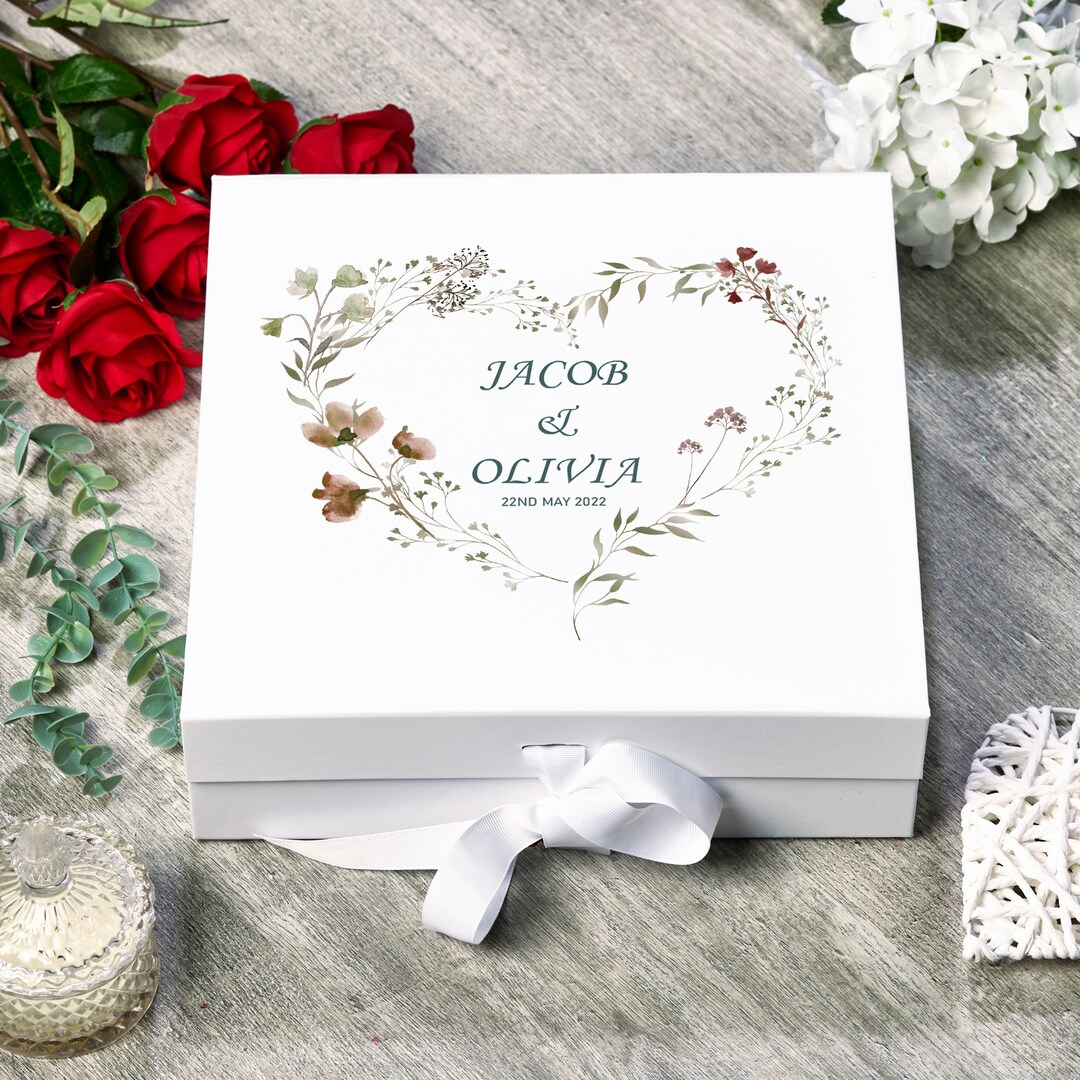 Personalised Wedding Box With Watercolour Floral Heart and Ribbon - Etsy
