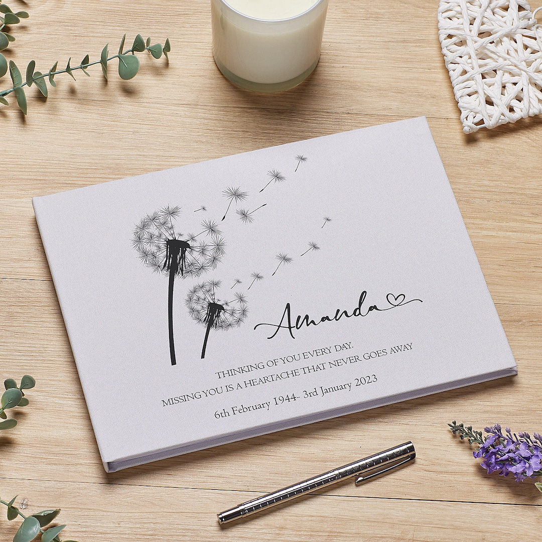 Personalised Large A4 Condolence Memorial Linen Guest Book Dandelions ...