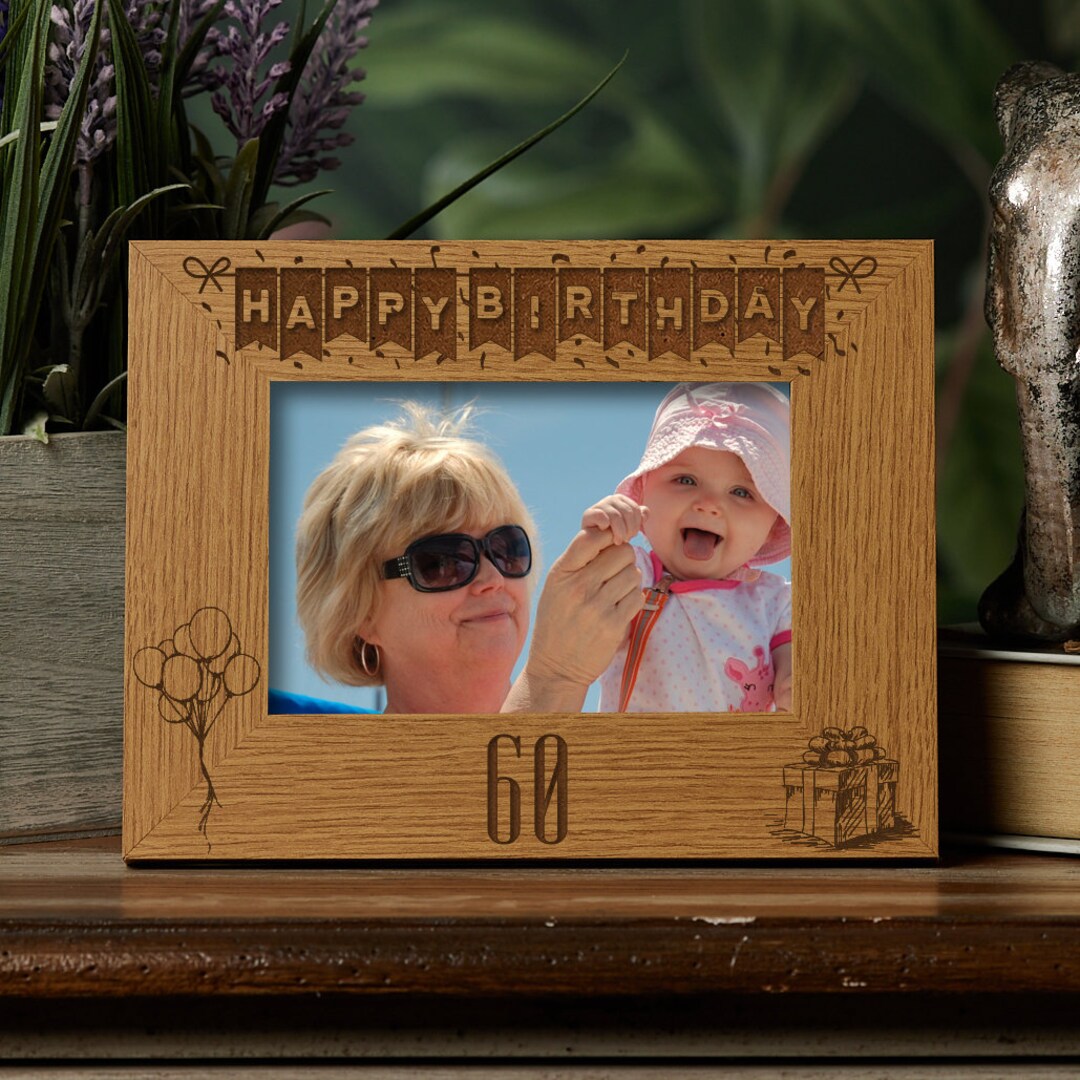 Happy 60th Birthday Engraved Photo Frame Gift Stars and Balloons ...