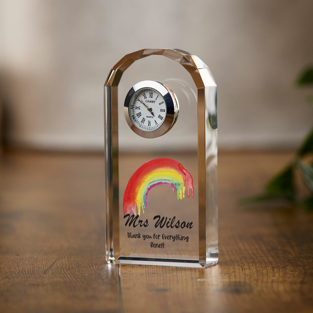 Personalised Teacher Crystal Glass Clock Gift With Painted Rainbow - Etsy