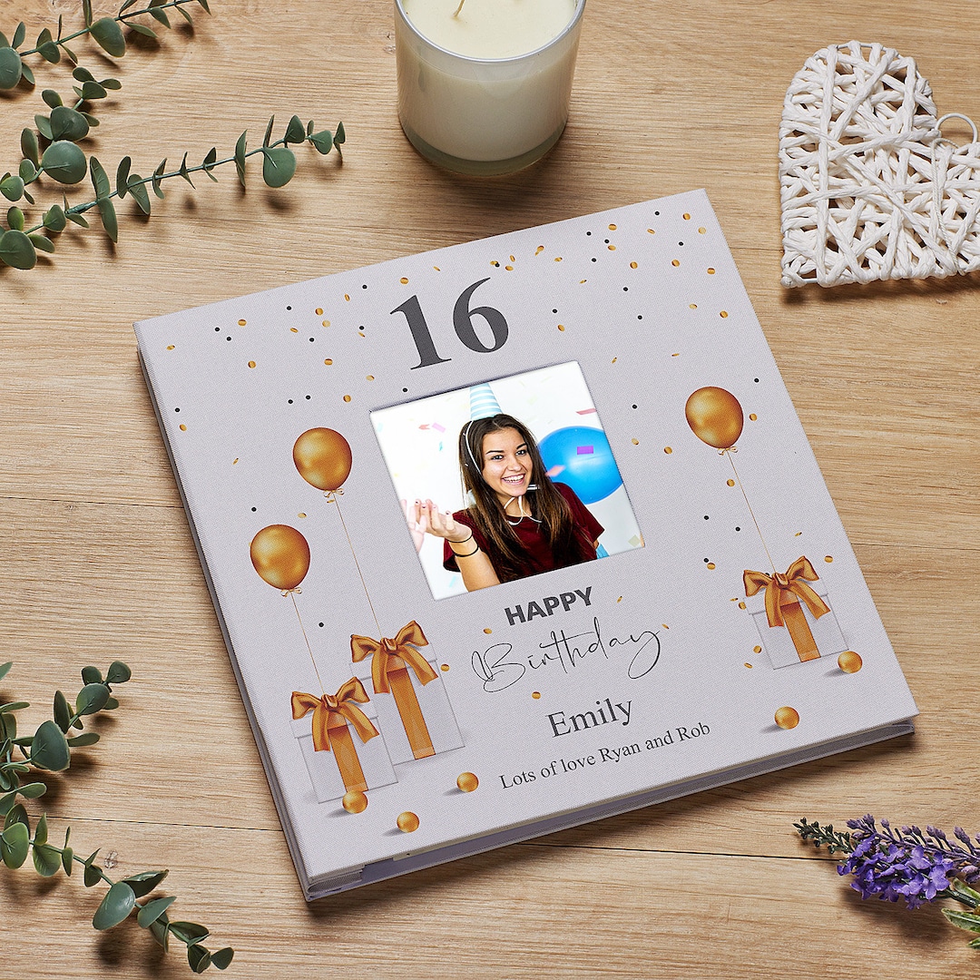 Personalised 16th Birthday Photo Album Linen Cover With Gold Balloons ...