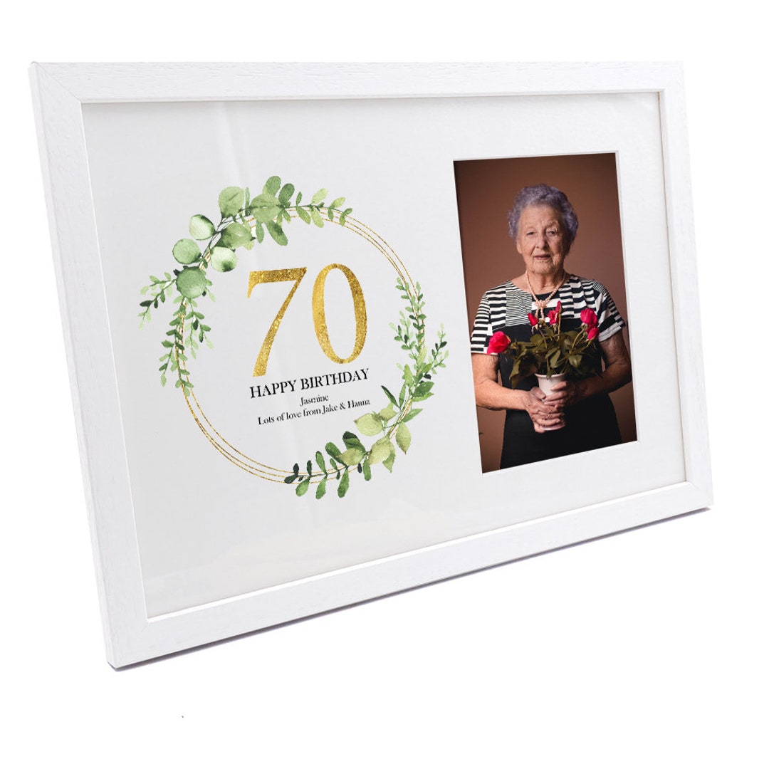 Personalised 70th Birthday Gift for Her Photo Frame Gold Wreath Design ...