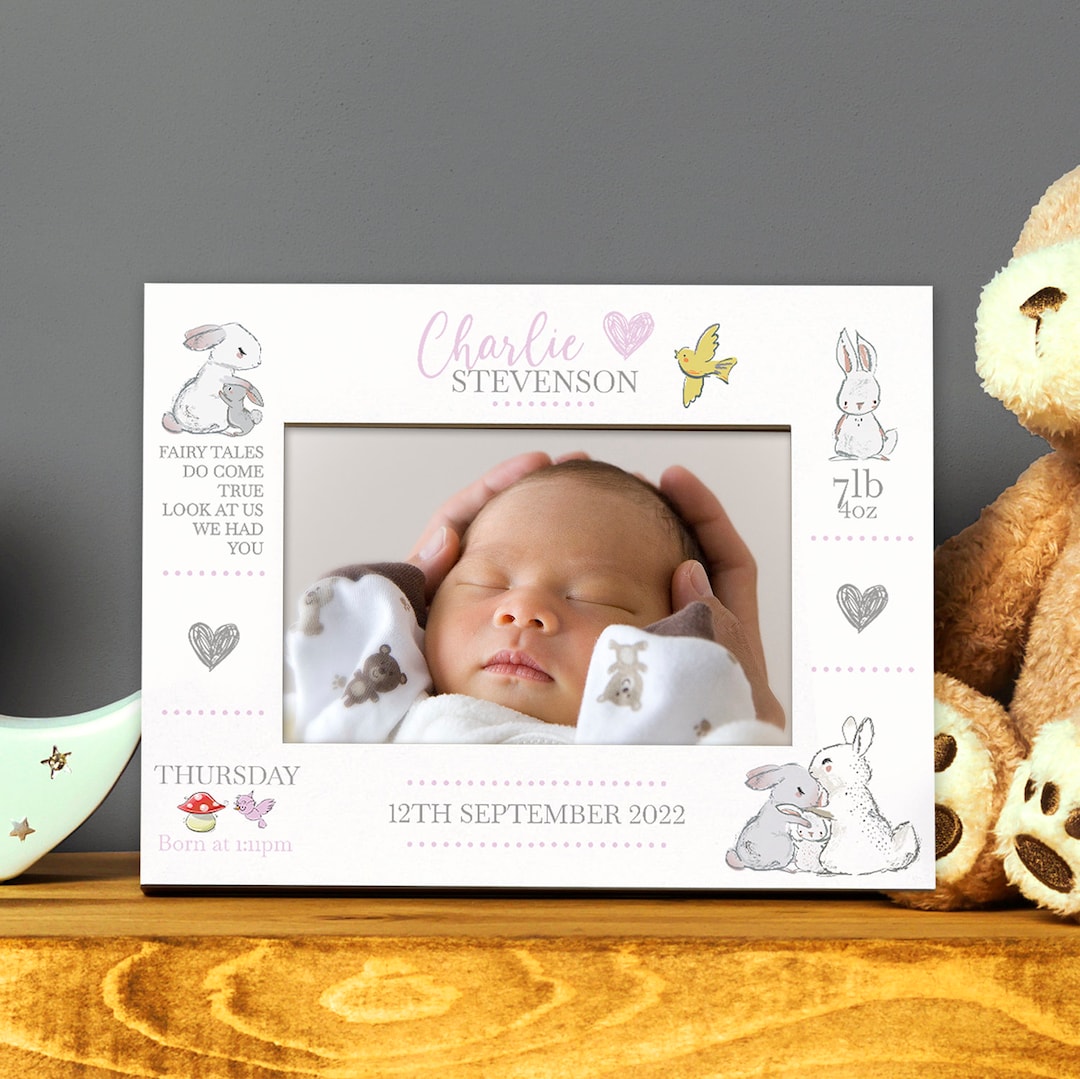 Personalised Baby Girl Photo Frame With Birth Details and Cute Rabbit ...