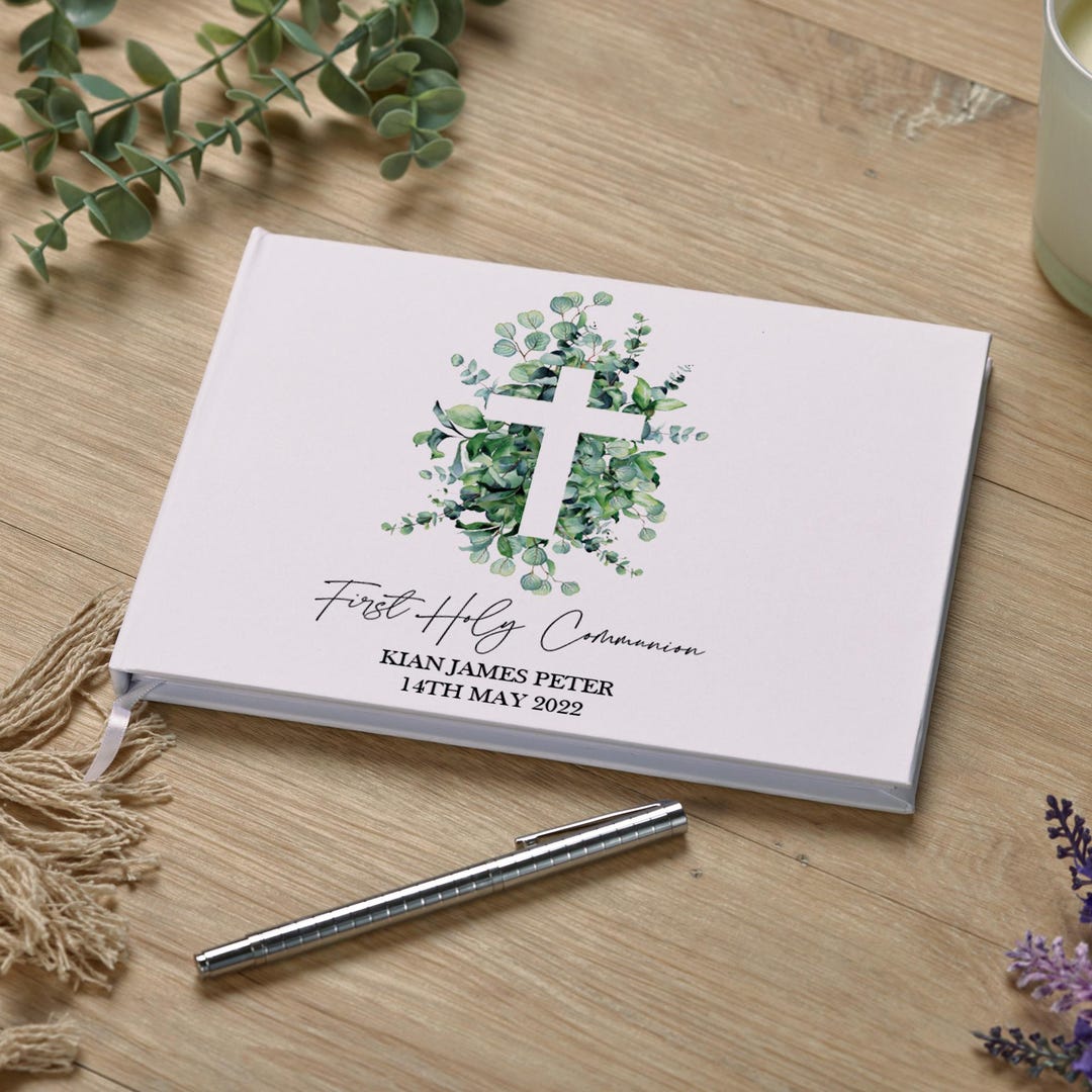 Personalised First Holy Communion Guest Book Eucalyptus and Cross - Etsy