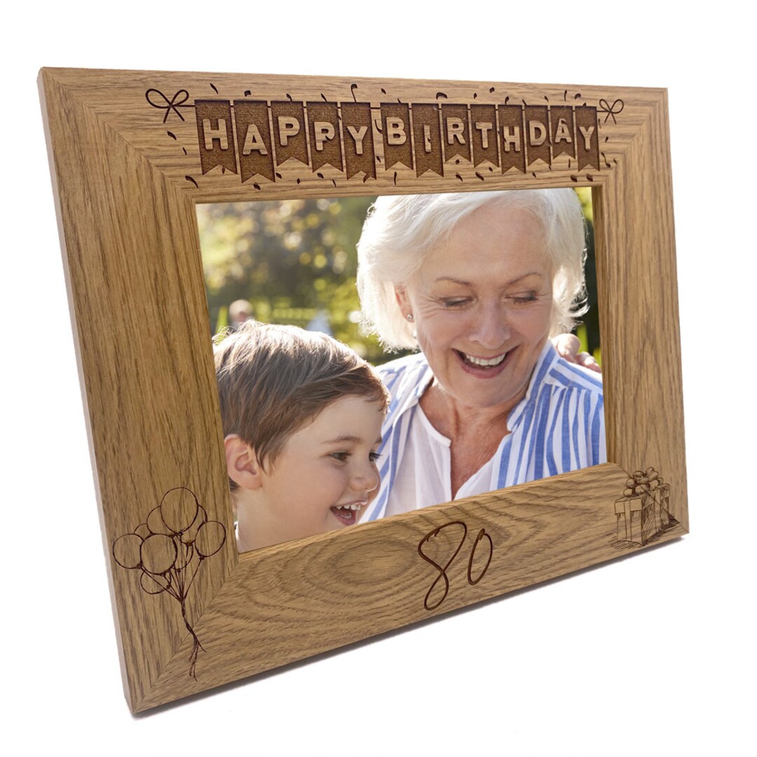 80th Birthday Photo Frame Landscape Wooden Engraved Bunting Style Gift ...