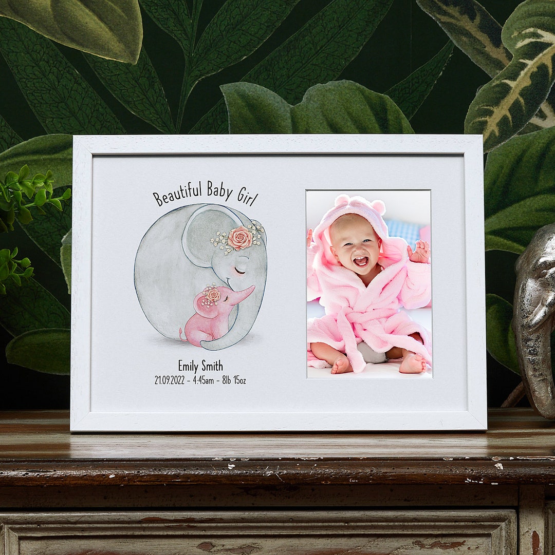 Personalised Beautiful Baby Girl Photo Frame With Sketch Elephants - Etsy