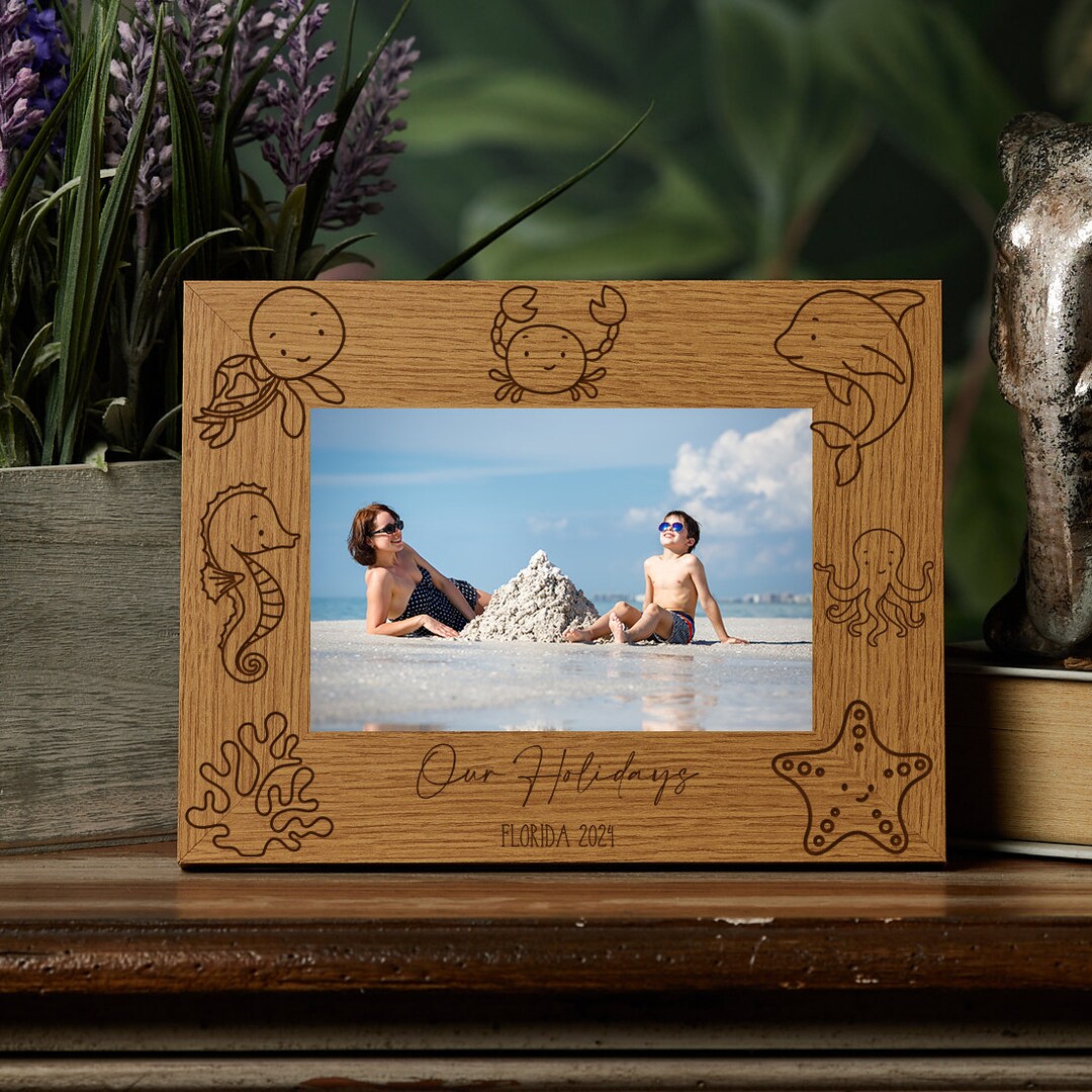 Personalised Seaside Holiday Brown Photo Frame Engraved With Sea ...