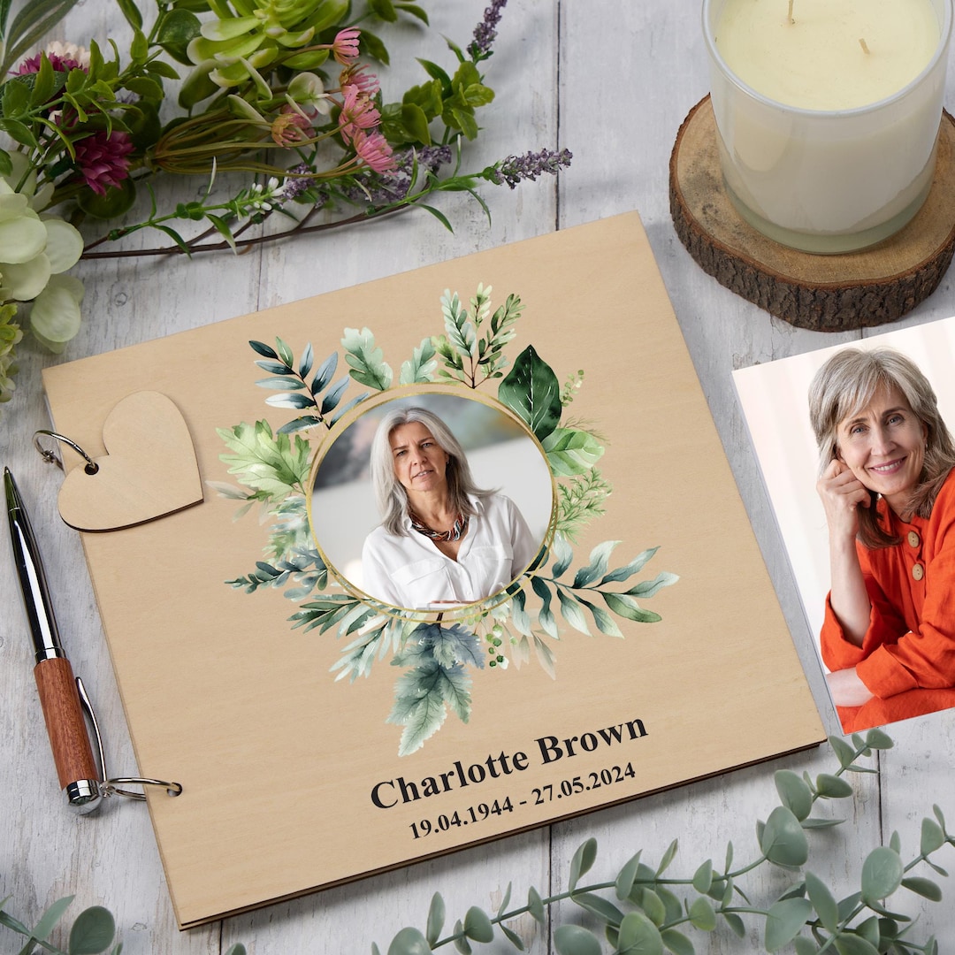 Personalised Wooden Funeral Condolence Memory Book With Photo and Green ...