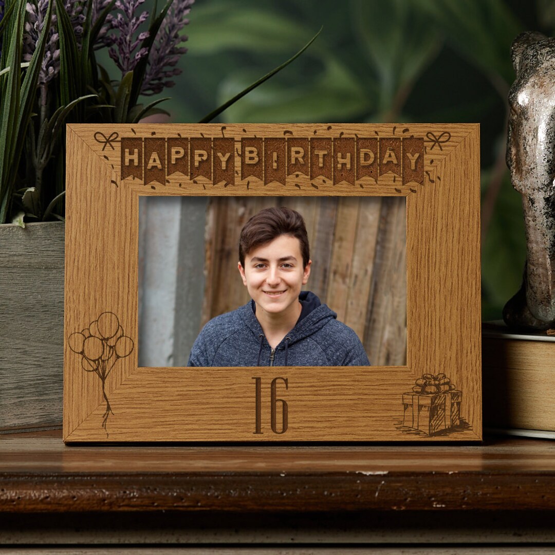 Happy 16th Birthday Engraved Photo Frame Gift Stars and Balloons ...