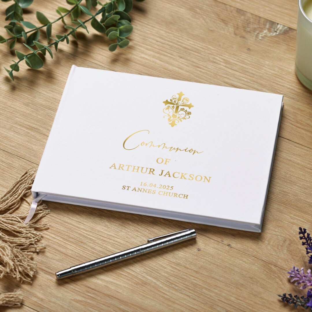 Personalised Communion Lined Guest Book With Cross and Gold Print - Etsy