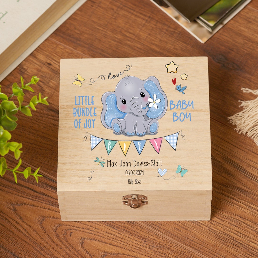 Personalised Wooden Baby Boy Keepsake Memory Box With Cute Elephant - Etsy